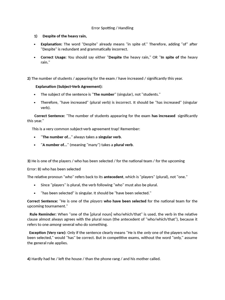 Error Spotting in English Grammar | PDF | Grammatical Number | Plural