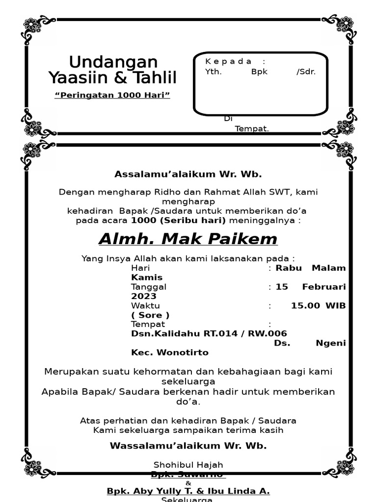 Undangan Tahlil 100 Hari Oke - Mbak Ik | PDF