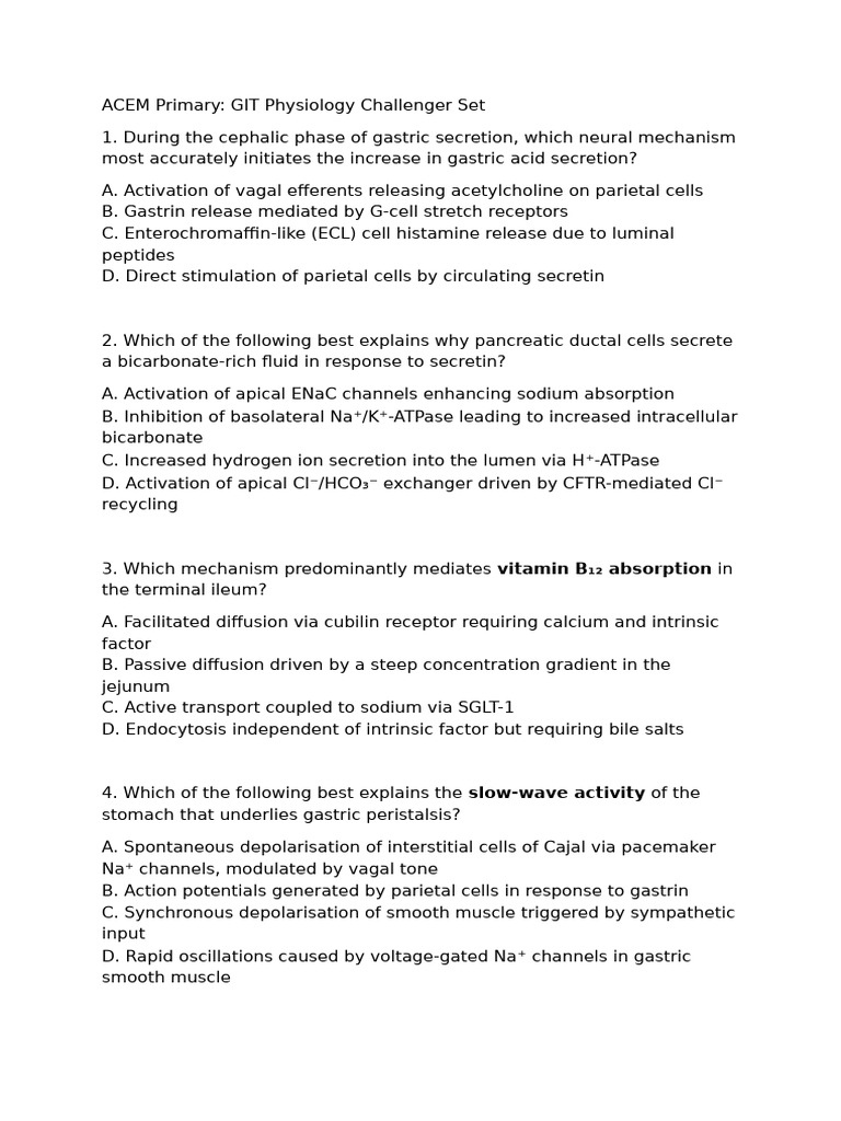 ACEM Primary GIT Physiology Challenger Set | PDF | Stomach | Small ...