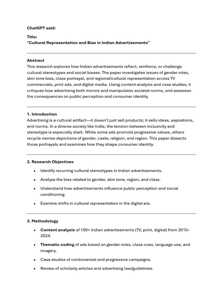 Cultural Representation and Bias in Indian Advertisements | PDF ...