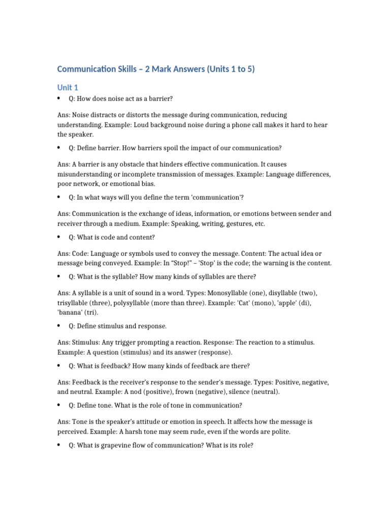 2 Mark Answers on Communication Skills | PDF | Communication | Résumé