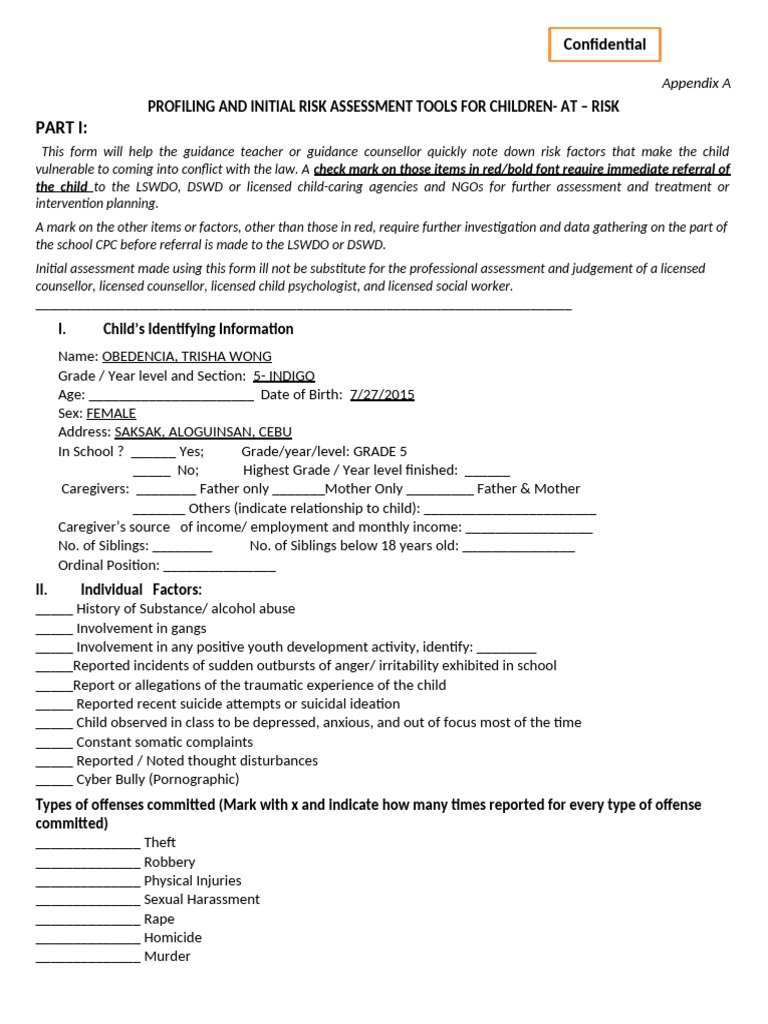 Grade 5 - Child-Profiling-And-Initial-Risk-Assessment | PDF | Child ...