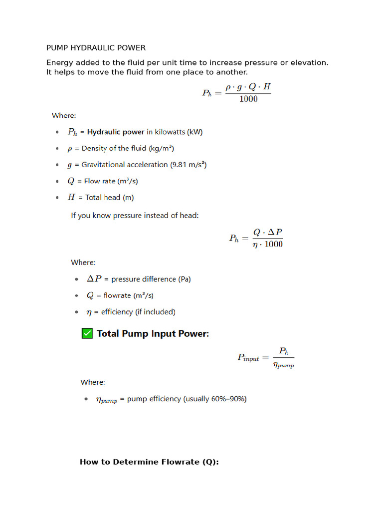 Hydraulic Power Calculation for Pumps | PDF