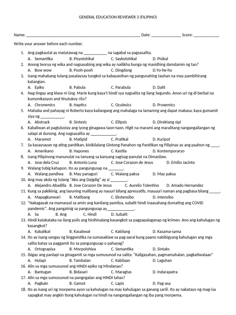 Gen. Ed Reviewer 3 Filipino | PDF