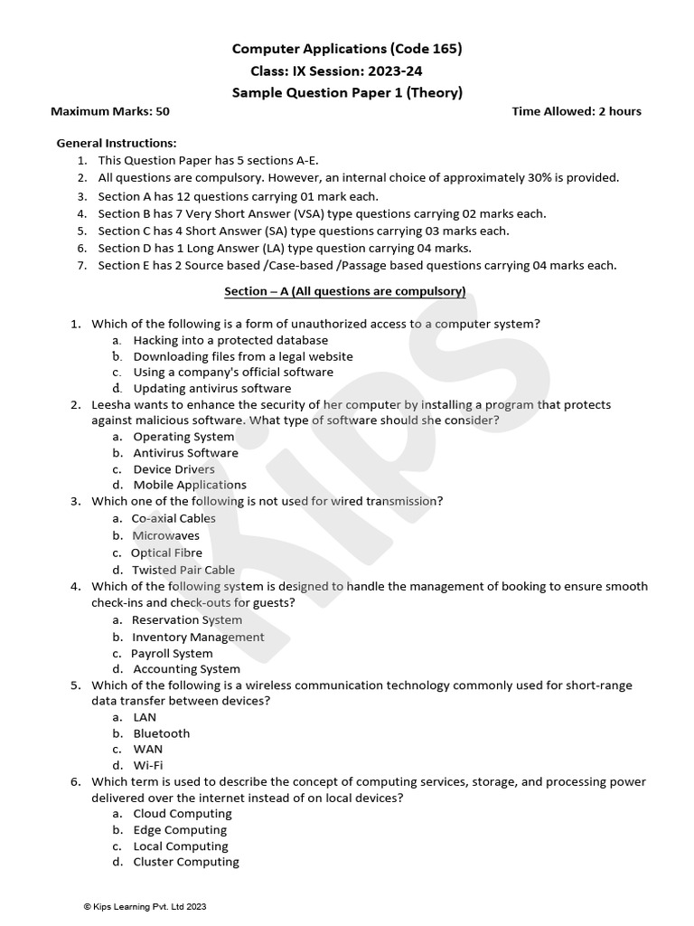 ComputerApplication-QP Class IX KIPS Paper 1 | PDF | Reason | Worksheet
