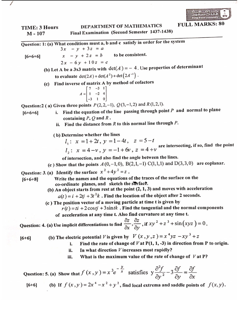 Answer Sheet Final Exam Math107 Second Semester 1437-1438h | PDF