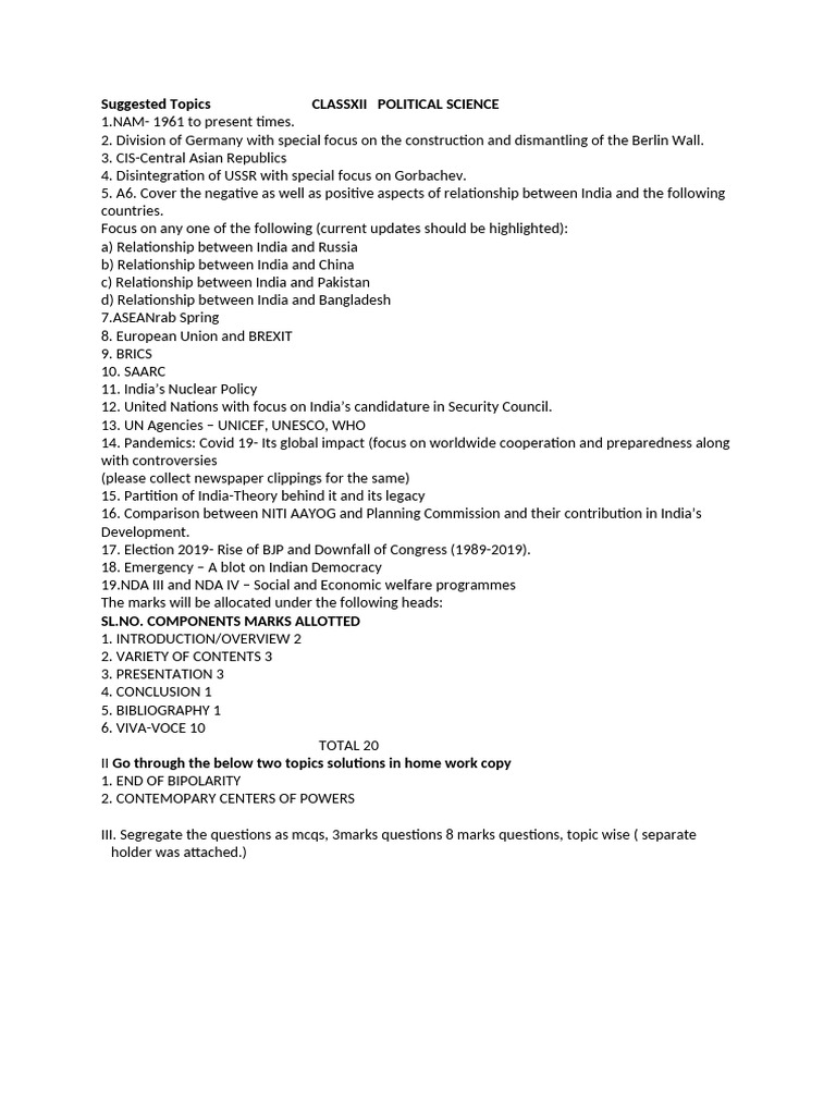 Political Science Topics for Class XII | PDF