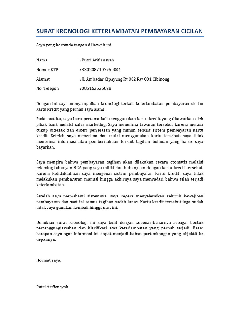 Surat Kronologi Keterlambatan Cicilan | PDF
