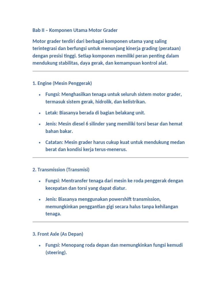 Komponen Utama Motor Grader Terperinci | PDF