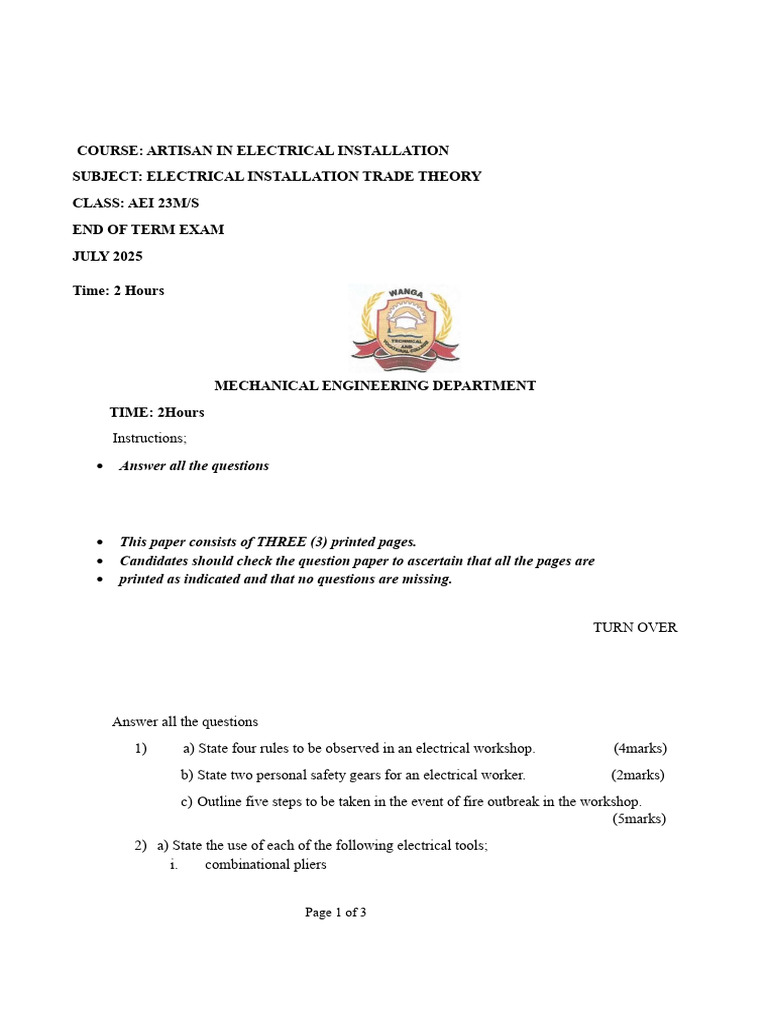 Electrical Installation Trade Theory Aee Tep-Khaemba 2025 WD PDF | PDF | Series And Parallel ...