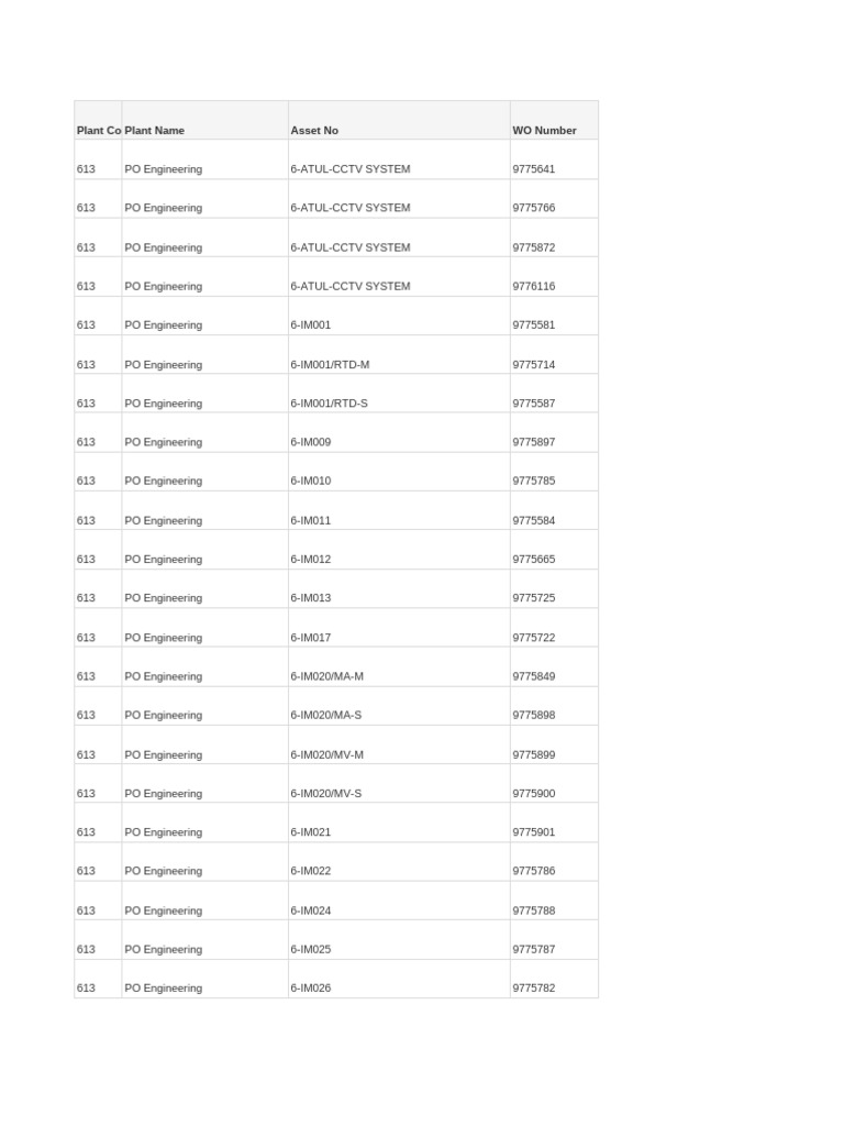 Plant Co Plant Name Asset No WO Number | PDF