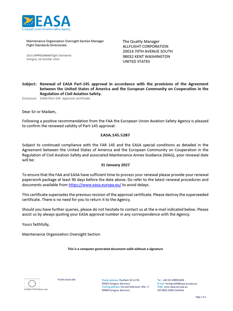 Allflight's EASA Part 145 Approval Exp 2027 01 31 | PDF | Aviation