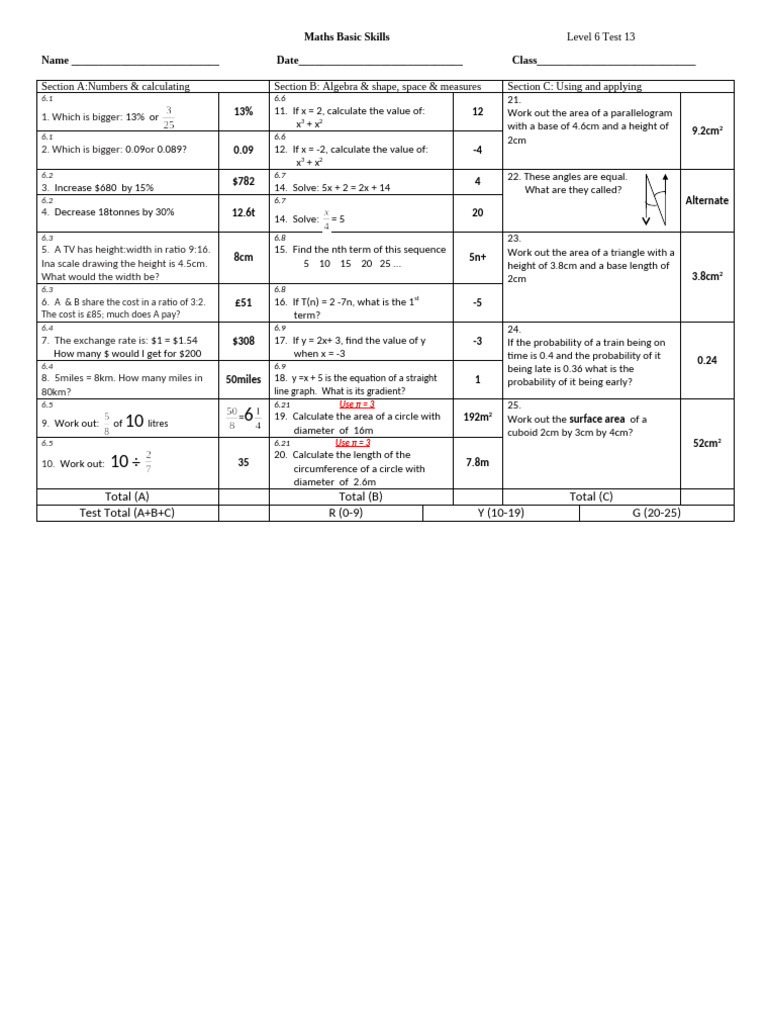 Level 6 Test 13 Answers | PDF | Area | Mathematics