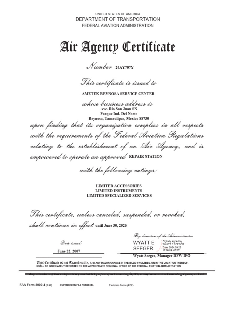 Faa Air Agency Certificate 6.30.26 | PDF | Federal Aviation ...