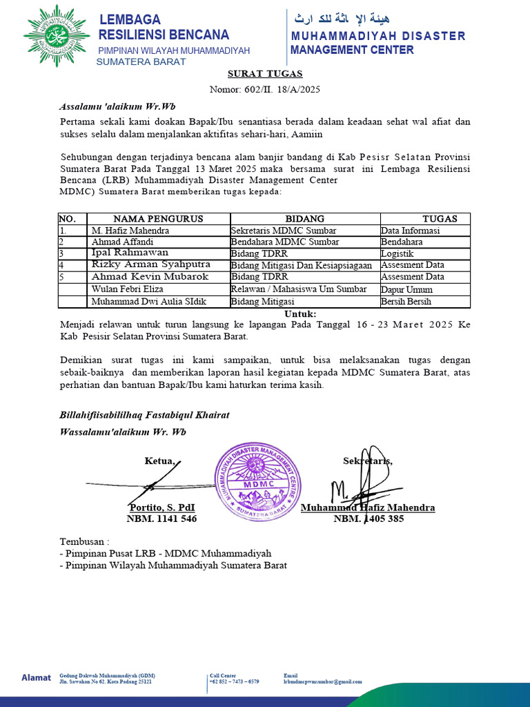 Surat Tugas Relawan MDMC Pessel | PDF