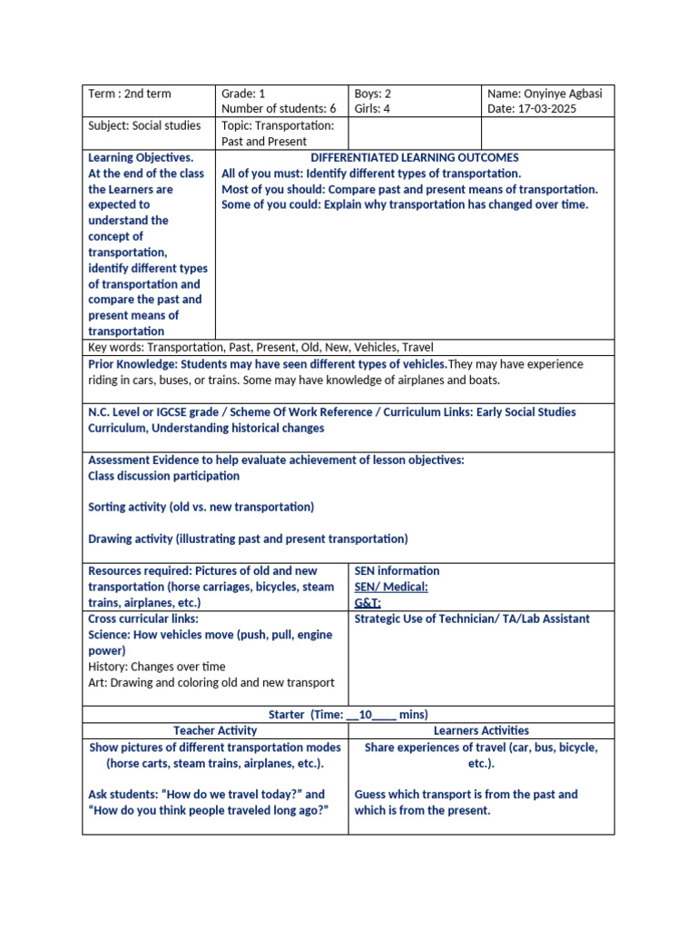 Lesson Note Grade 1 Transportation Past and Present | PDF | Curriculum ...