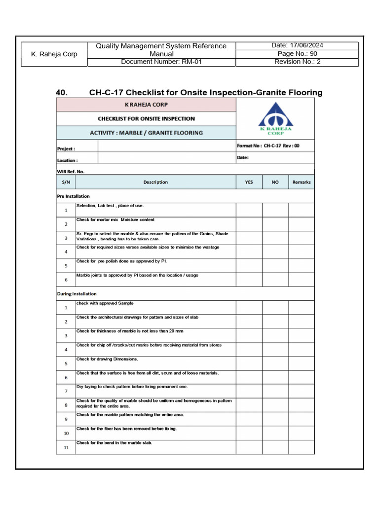 Onsite Inspection Checklist for Granite Flooring | PDF