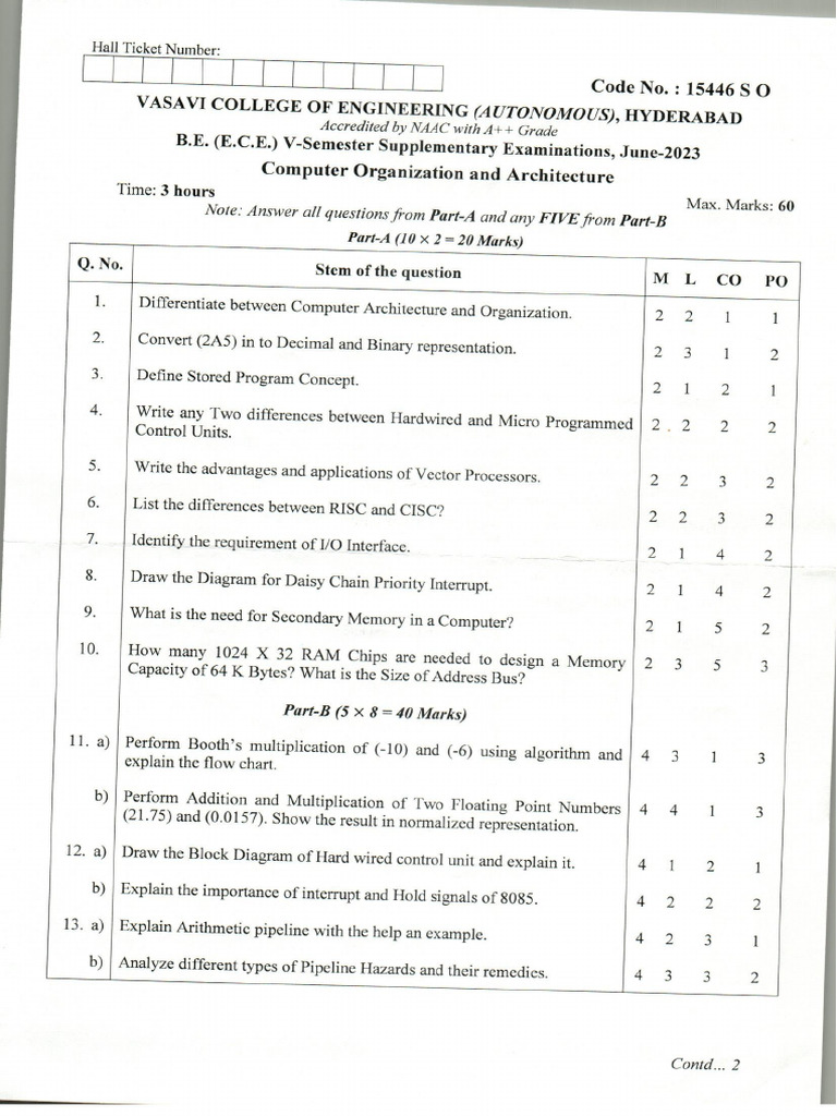 Computer Organization and Architecture, ECE, June 2023, V Sem | PDF