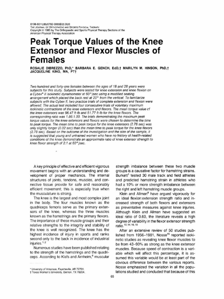 Dibrezzo Et Al 1985 Peak Torque Values of The Knee Extensor and Flexor ...