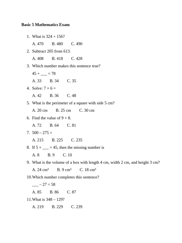 Basic 5 Mathematics Exam Questions | PDF