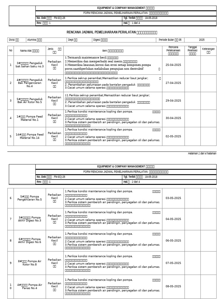 2025.05 Form Rencana Jadwal Pemeliharaan Peralatan Rev April 2025 | PDF