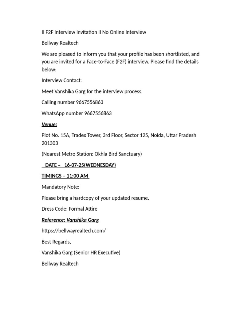 II F2F Interview Invitation II No Online Interview | PDF