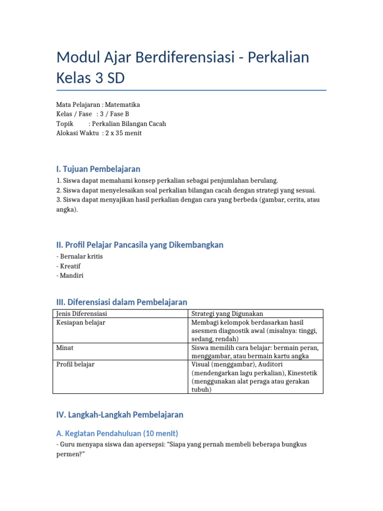 Modul Ajar Perkalian Kelas 3 SD | PDF