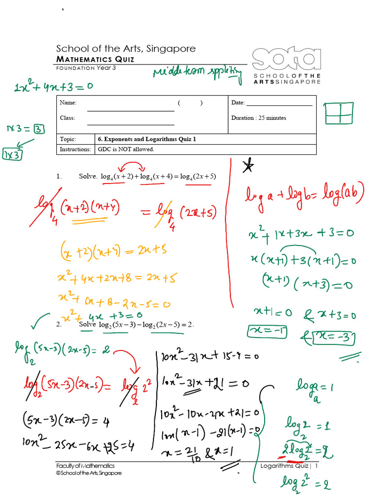 2025 Unit 6 Exponents and Logarithms Quiz 1 | PDF