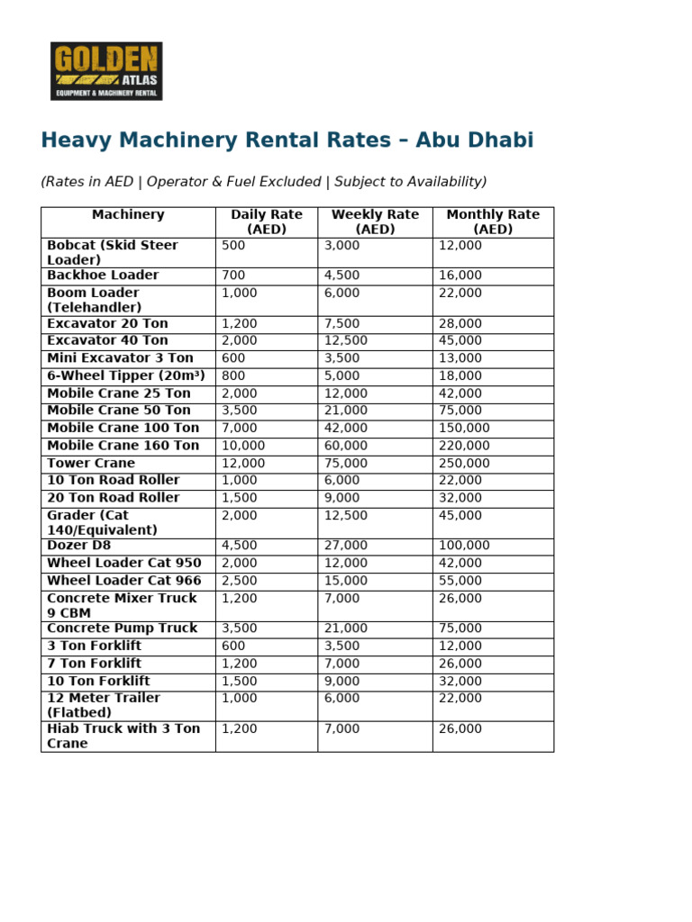 Abu Dhabi Heavy Machinery Rental Rates | PDF