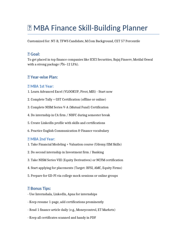 MBA Finance Skill Planner Yash Bhise | PDF