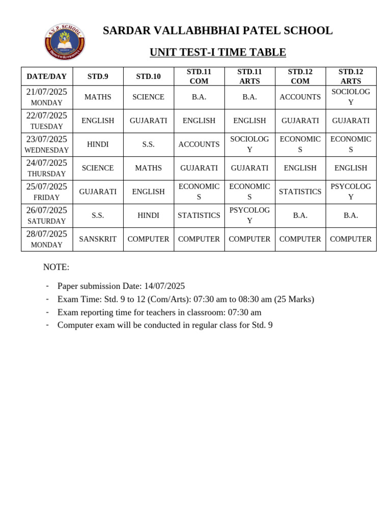 Exam Time Table | PDF