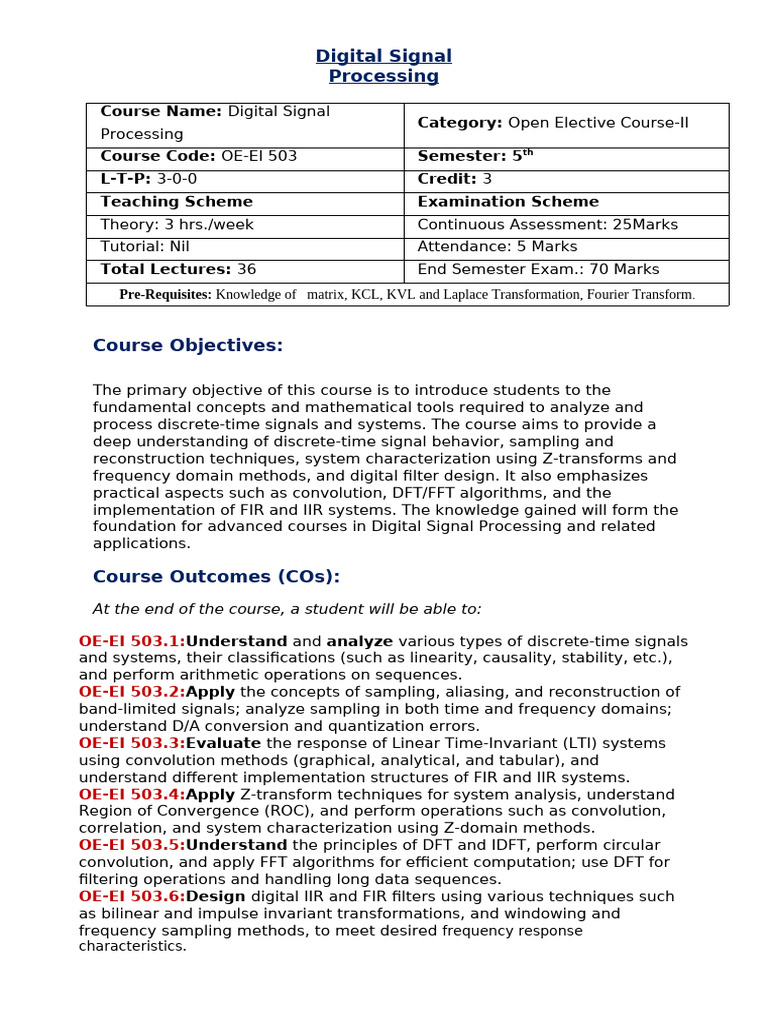 OE-EI-503 Course Outcome New | PDF | Discrete Fourier Transform | Convolution
