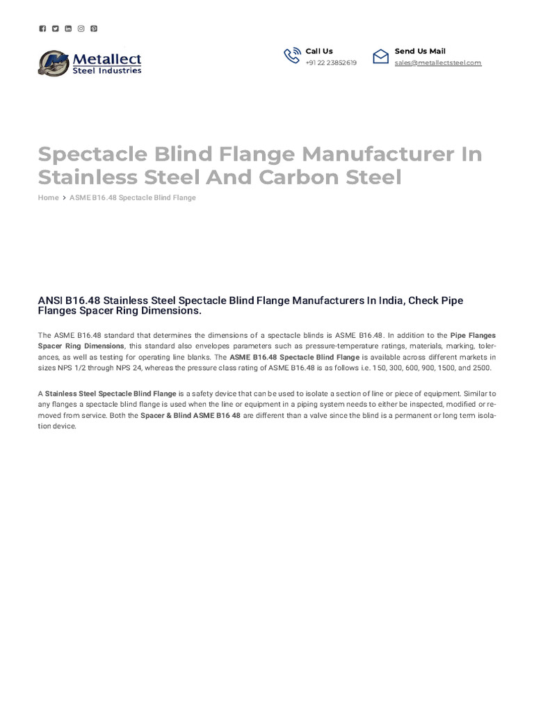 ASME B16.48 Spectacle Blind Flange Dimensions and Weight Chart | PDF ...