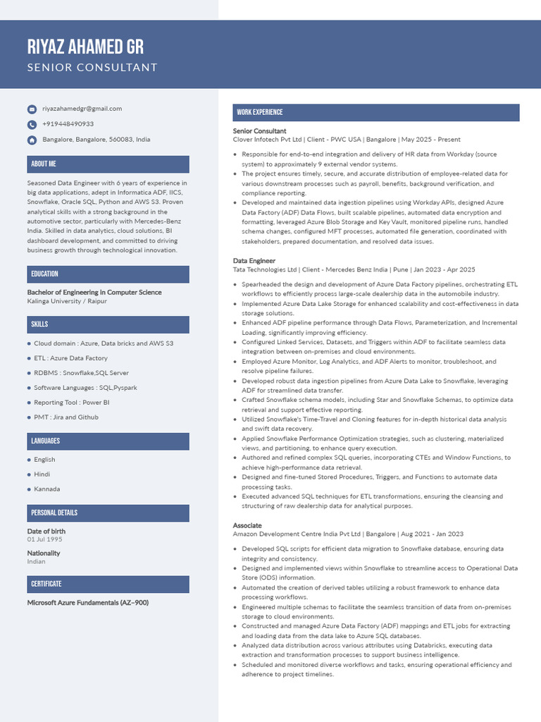 Riyaz Ahamed GR - AI Data Engineer | PDF | Databases | Microsoft Azure