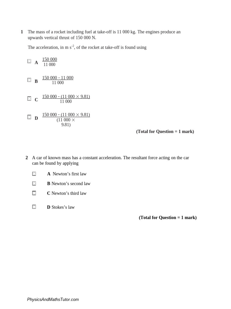 F Ma (Multiple Choice) QP | PDF | Weight | Mass