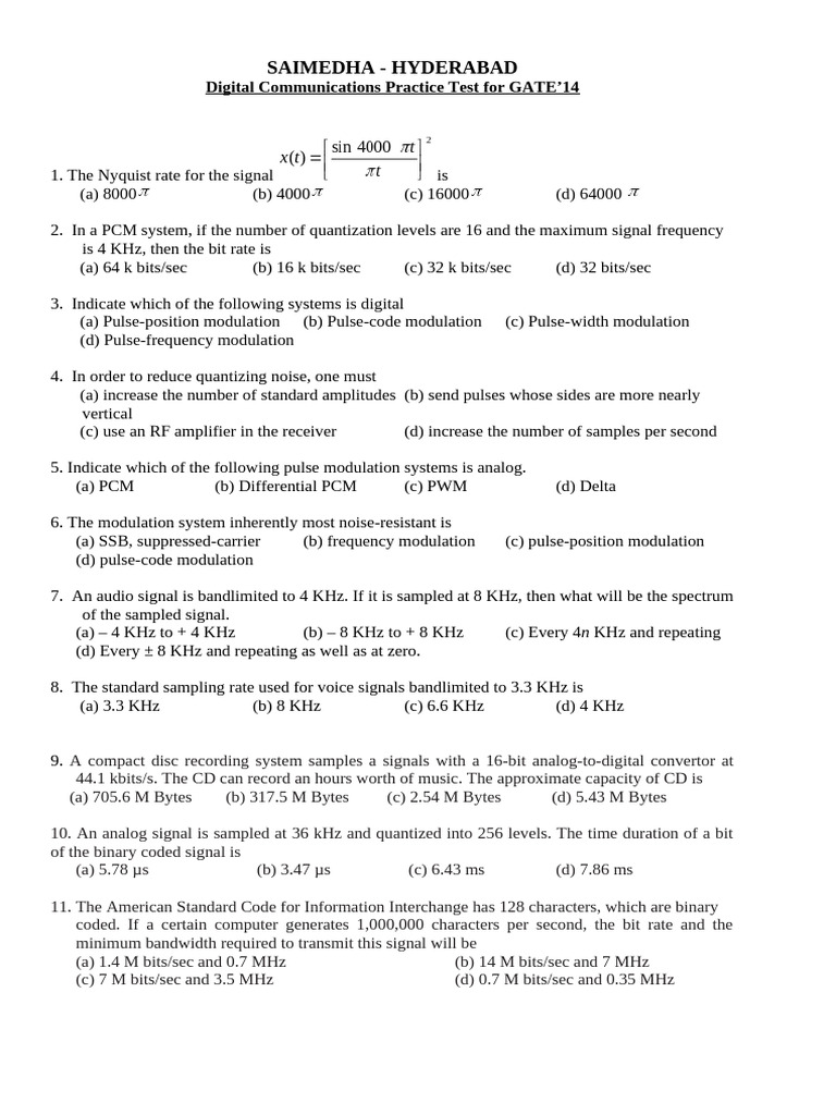 GATE 2014 Digital Communications Test | PDF | Sampling (Signal ...