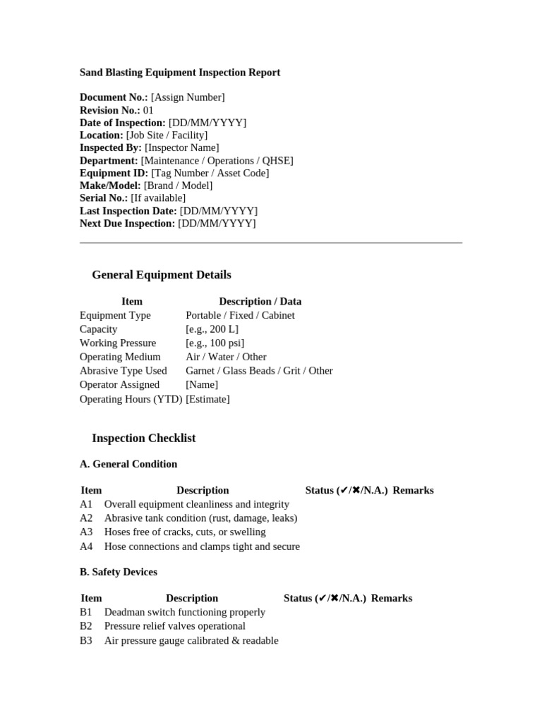 Sand Blasting Equipment Inspection Report | PDF | Equipment