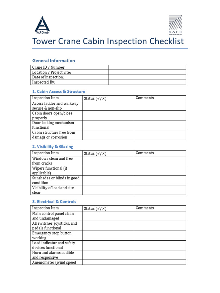 Tower Crane Cabin Inspection Checklist | PDF