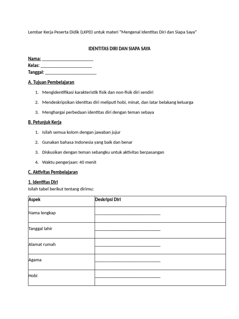 LKPD Mengenal Identitas Diri Dan Siapa Saya | PDF