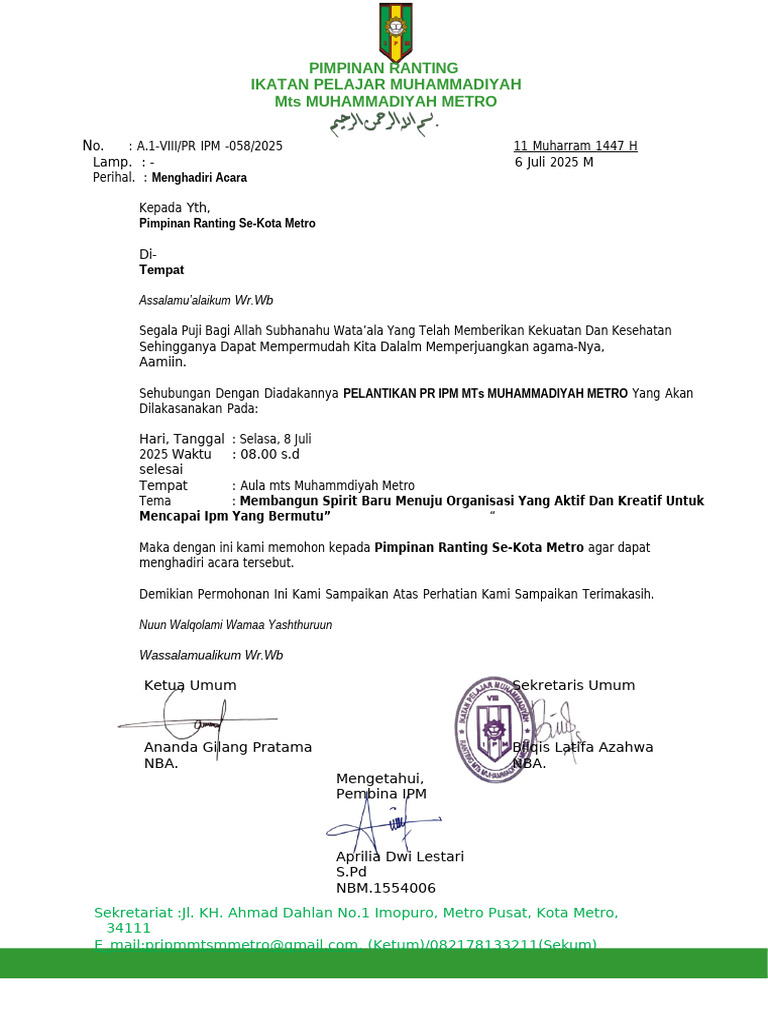 Surat Undangan Ranting Sekota Metro | PDF