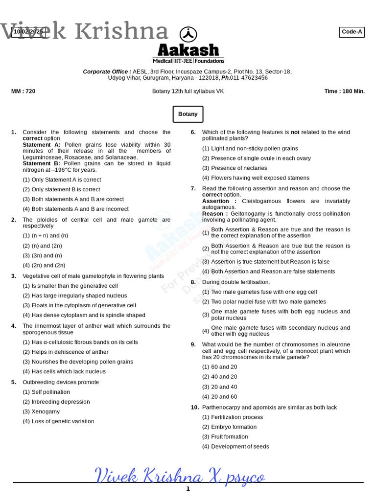 Botany 12th Grade Full Syllabus Exam | PDF | Dominance (Genetics) | Allele