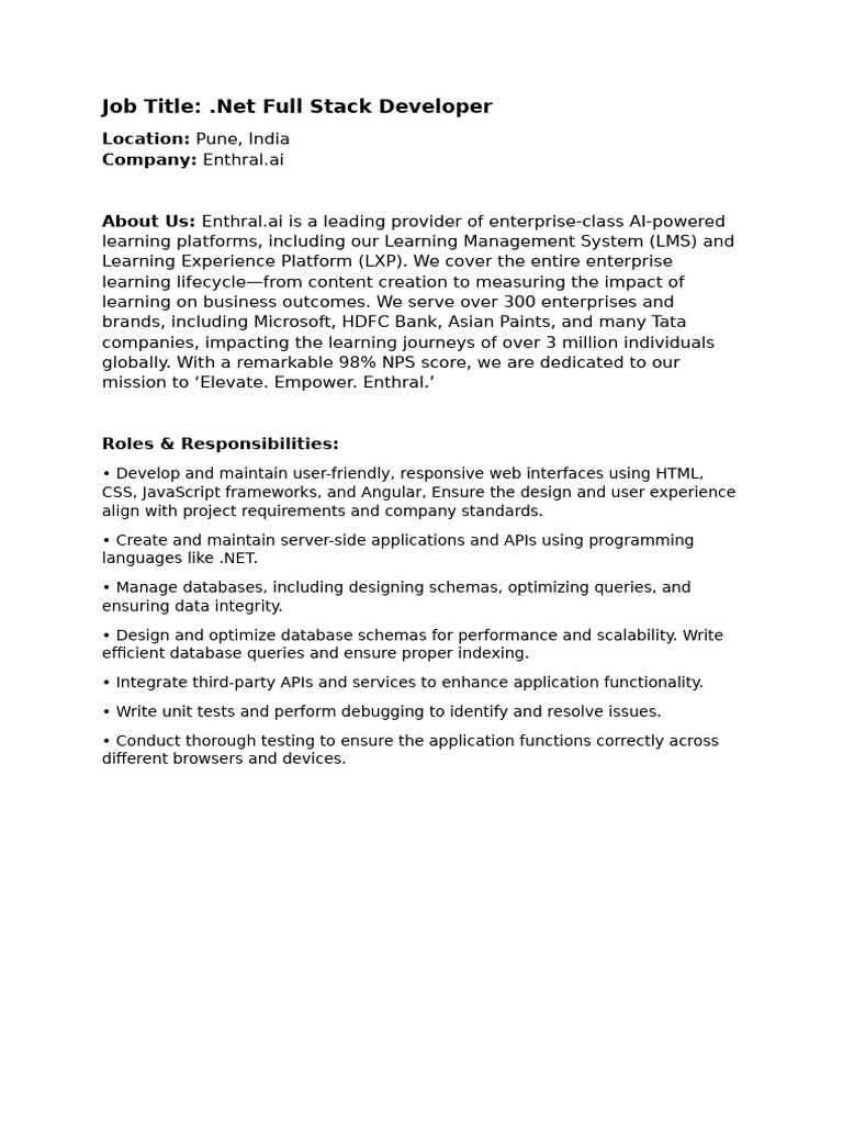 JD - Net Full Stack Developer | PDF