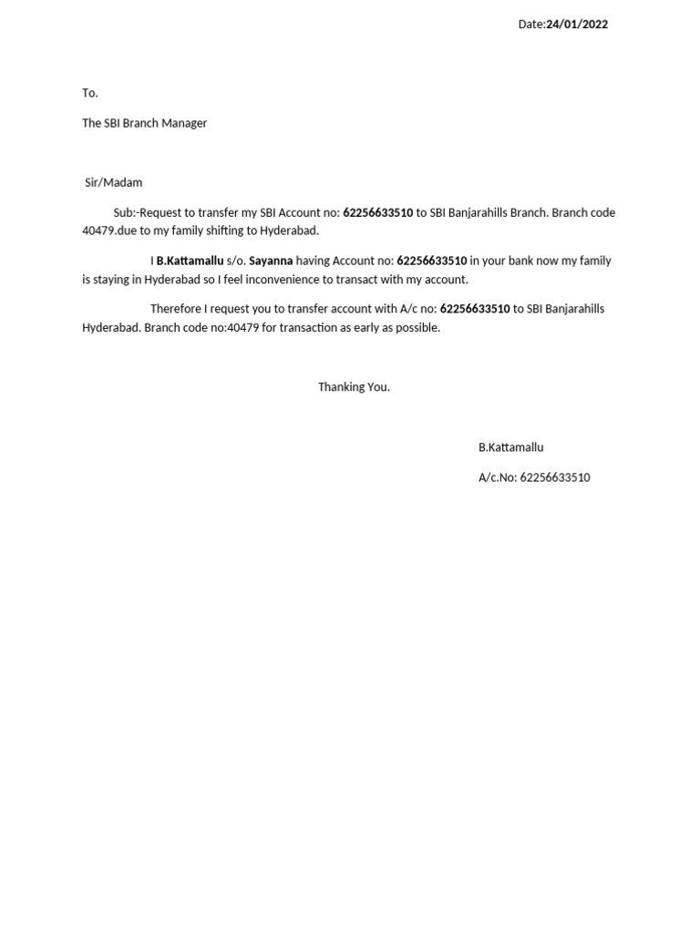 A.C Transfer Letter SBI | PDF