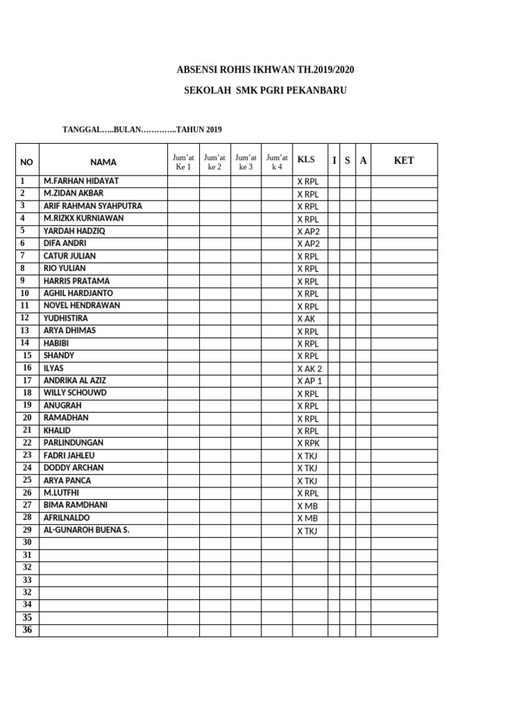 Absensi Rohis Ikhwan t1 | PDF