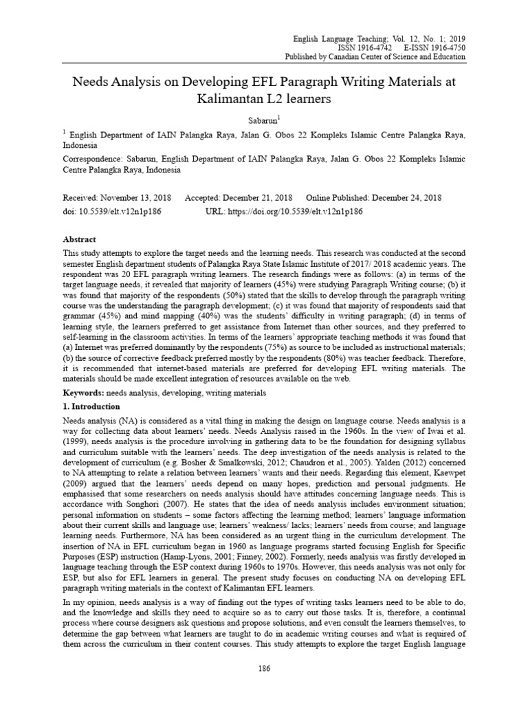 Needs Analysis On Developing EFL Paragraph Writing Materials at ...