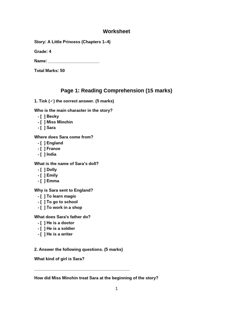 A Little Princess: Comprehension Worksheet | PDF | A Little Princess ...