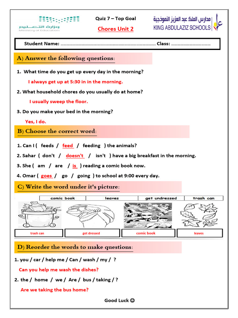 Quiz - 7 Chores - With Answers | PDF