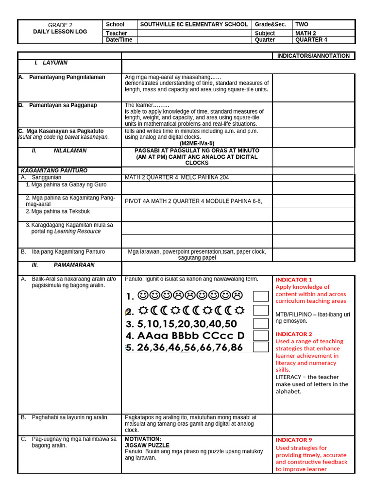 Q4 Math2 DLL Digital and Analog Clock Week 1 | PDF