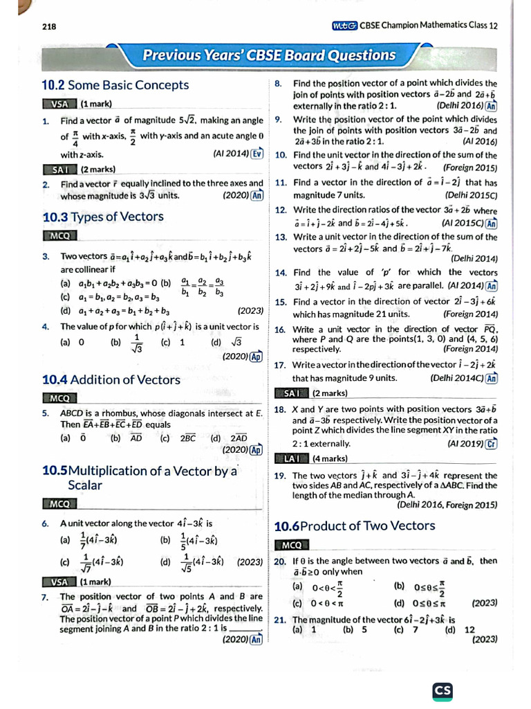 Vectors Previous Years Questions Worksheet Class Xii | PDF