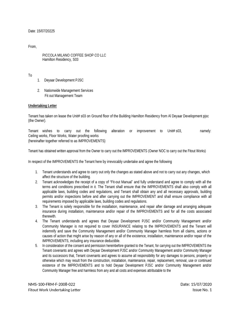 NMS-100-FRM-F-2008-022 - Fitout Work Undertaking Letter - Tenant ...